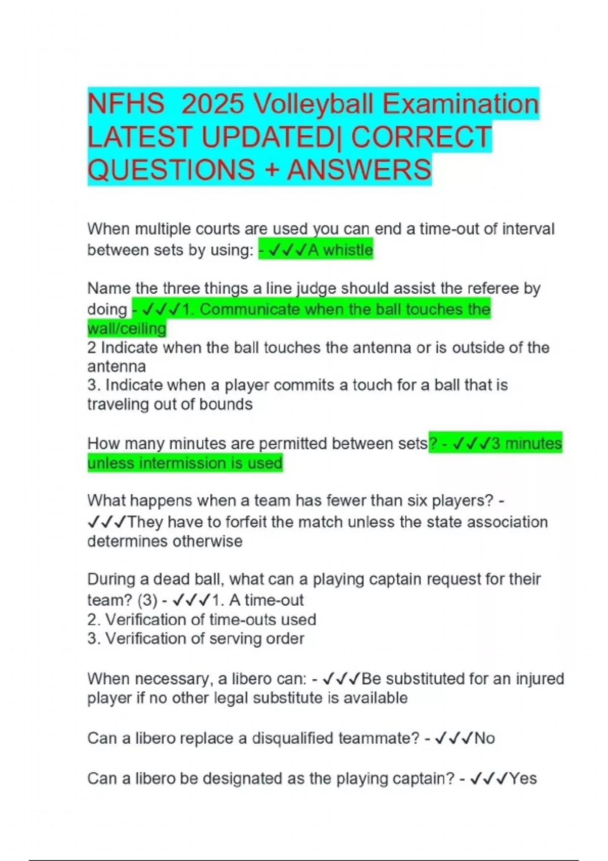 NFHS 2025 Volleyball Examination LATEST UPDATED| CORRECT QUESTIONS ...