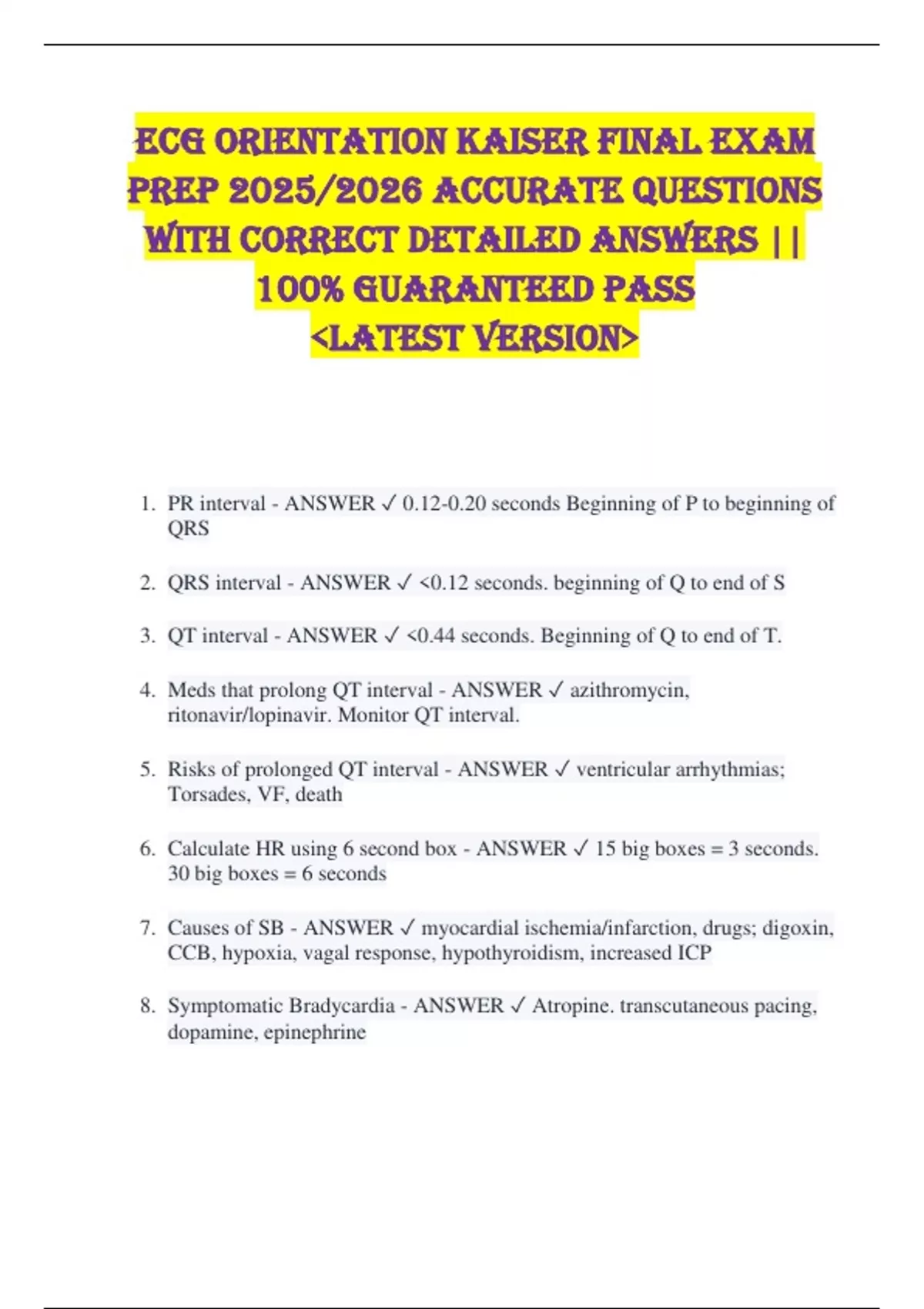 ECG ORIENTATION KAISER FINAL EXAM PREP 2025/2026 ACCURATE QUESTIONS ...