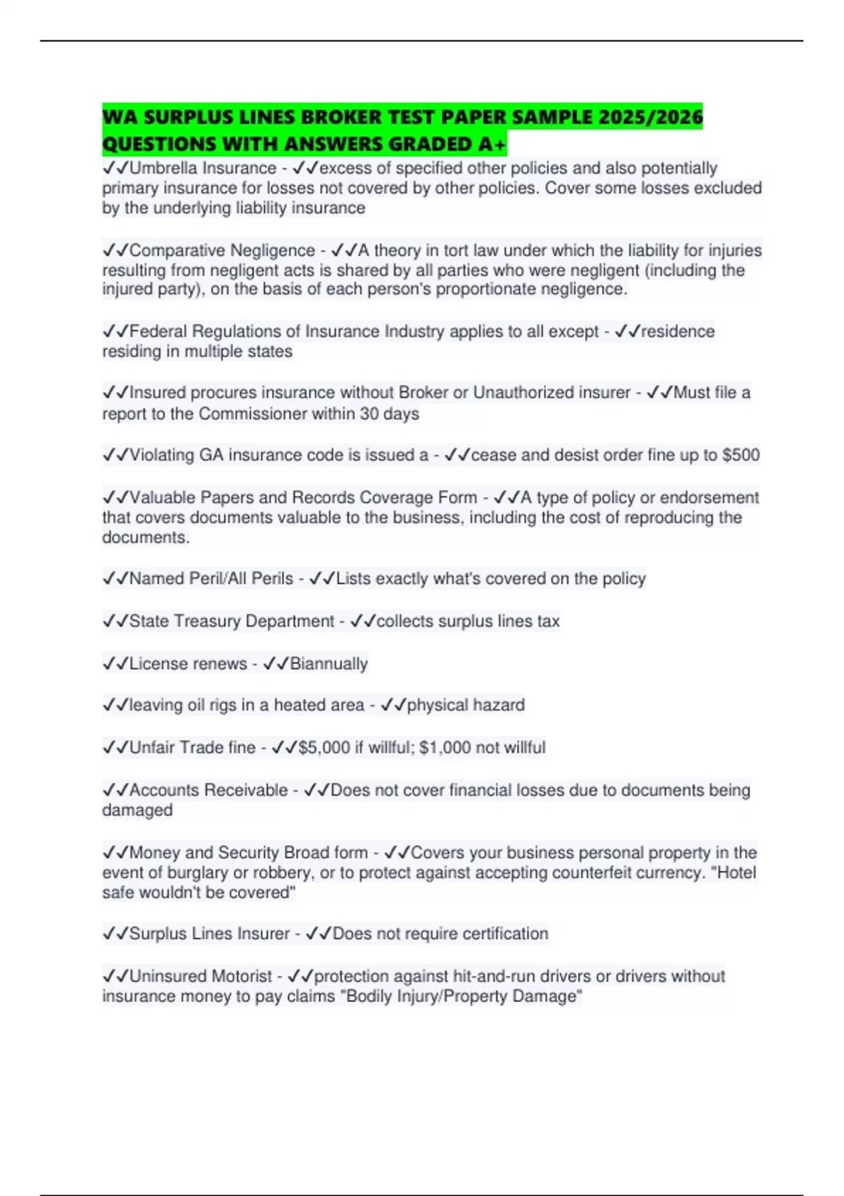 WA SURPLUS LINES BROKER TEST PAPER SAMPLE 2025/2026 QUESTIONS WITH ...