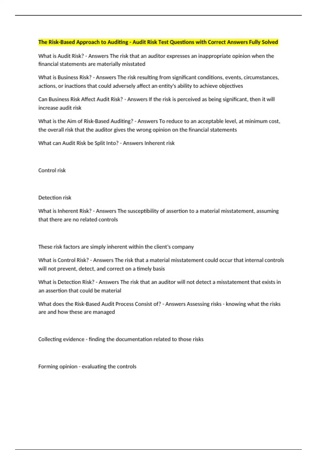 The Risk-Based Approach to Auditing - Audit Risk Test Questions with ...