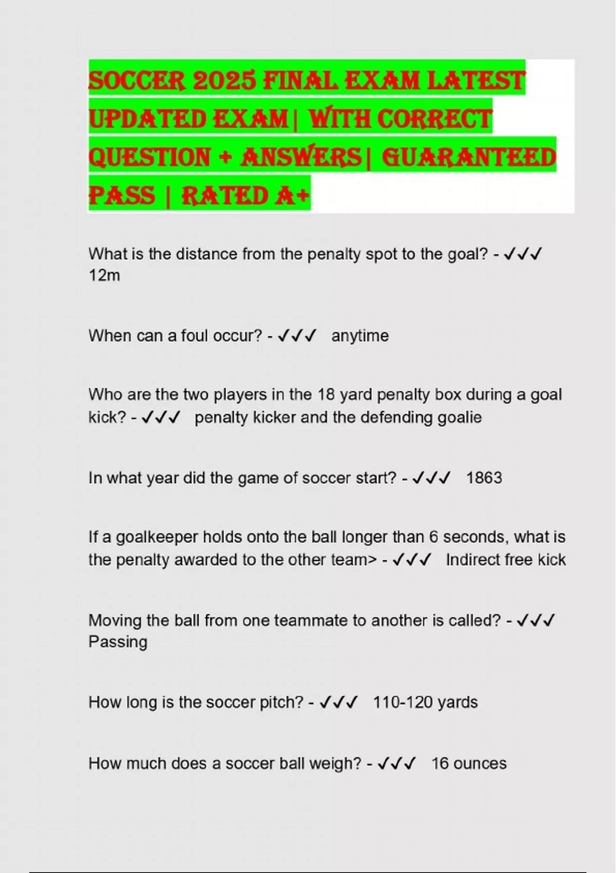 Soccer 2025 Final Exam LATEST UPDATED EXAM| WITH CORRECT QUESTION ...