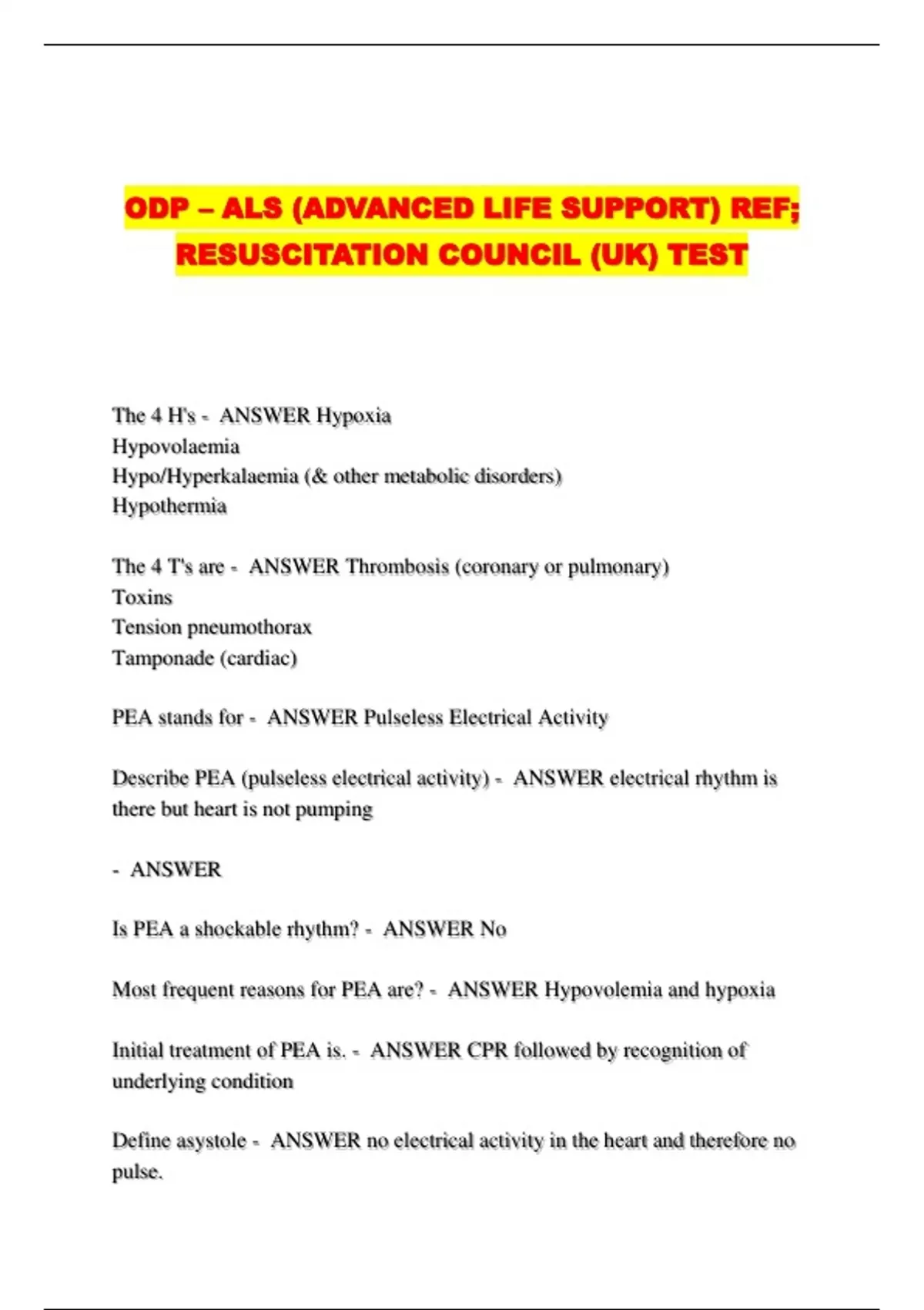 ODP – ALS (ADVANCED LIFE SUPPORT) REF; RESUSCITATION COUNCIL (UK) TEST ...