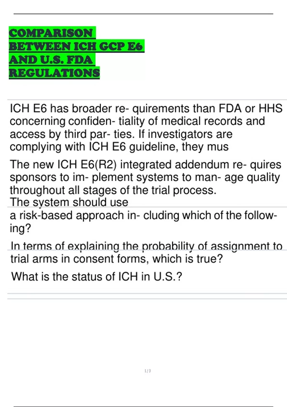 COMPARISON BETWEEN ICH GCP E6 AND U.S. FDA REGULATIONS - Good clinical ...
