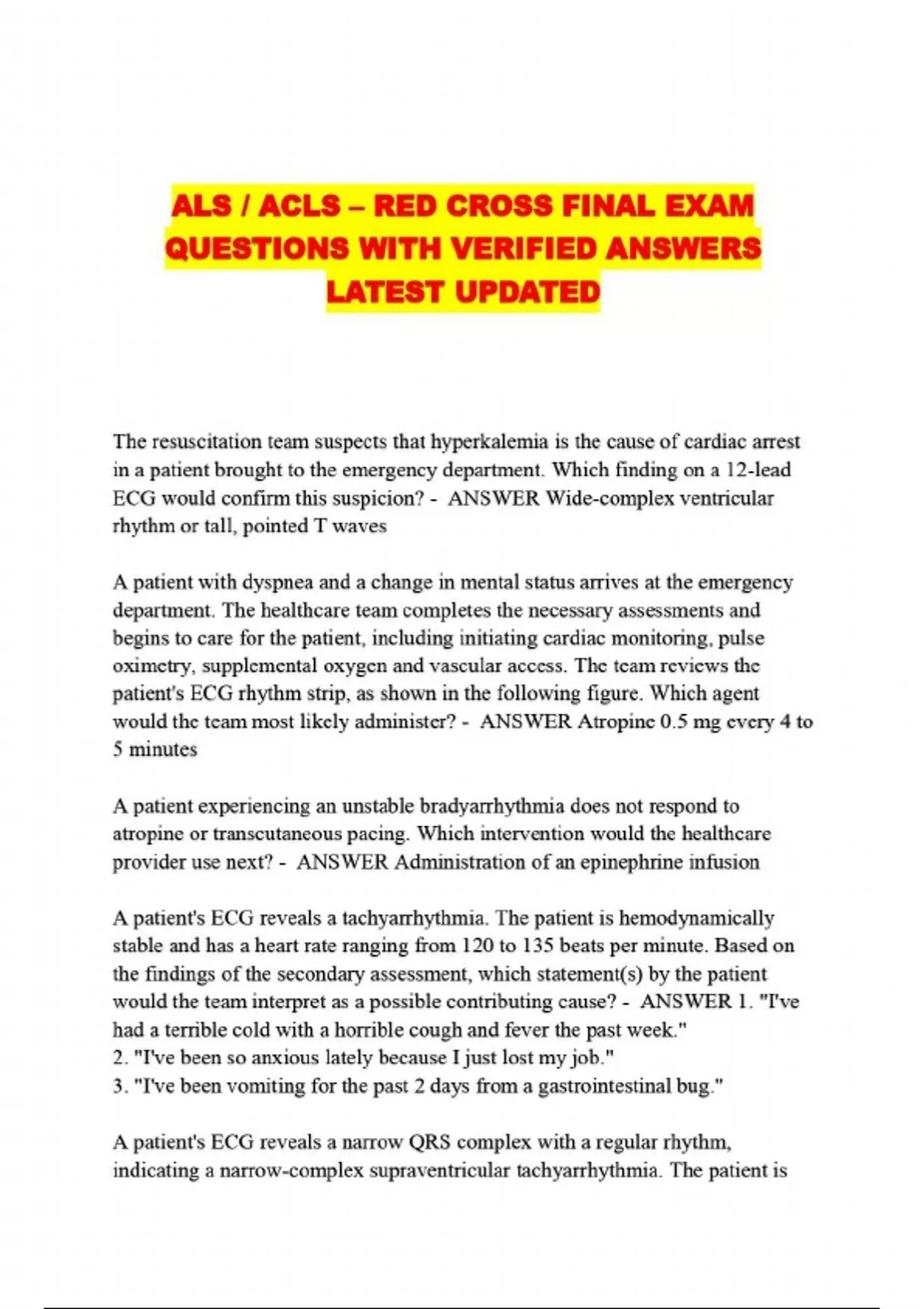 ALS / ACLS – RED CROSS FINAL EXAM QUESTIONS WITH VERIFIED ANSWERS ...