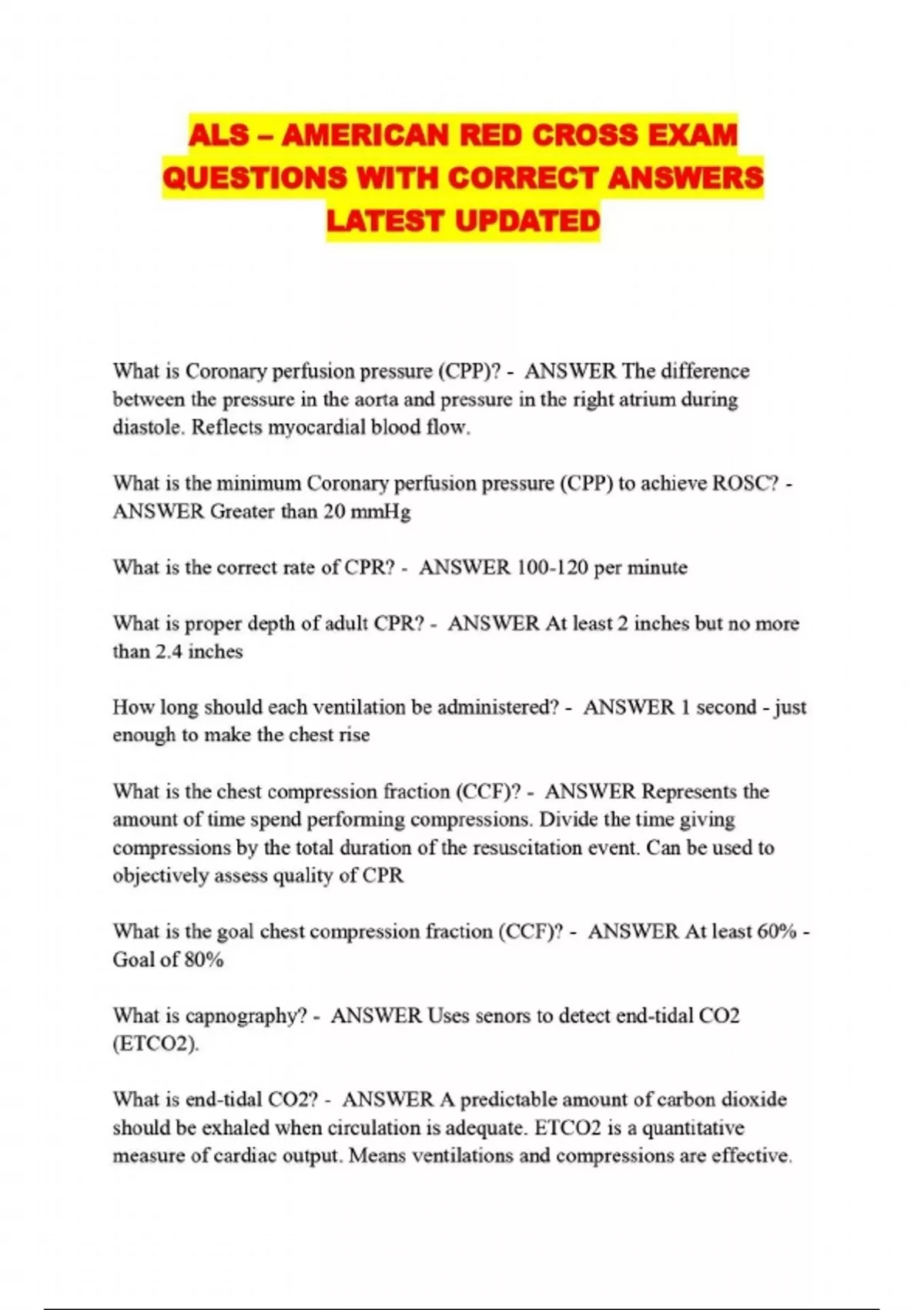 ALS PRE ASSESSMENT POST CARDIAC ARREST TEST QUESTIONS AND ANSWERS - ALS ...