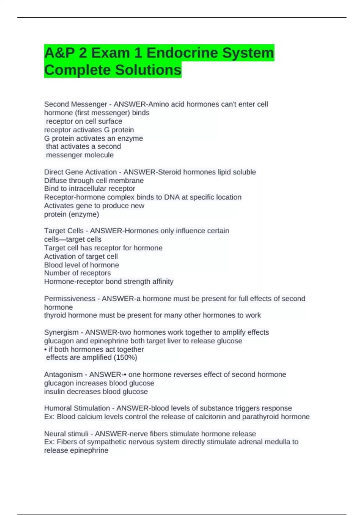 A&P 2 Exam 1 Endocrine System Complete Solutions - System - Stuvia US