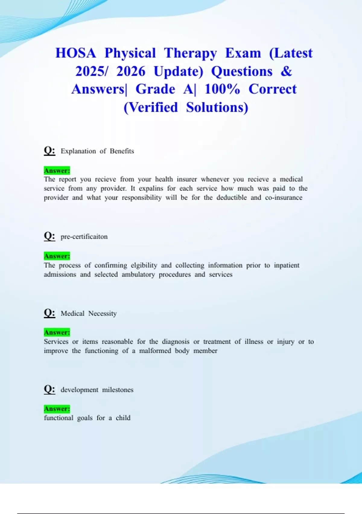 HOSA Physical Therapy Exams (Latest 2025/ 2026 Updates STUDY BUNDLE ...