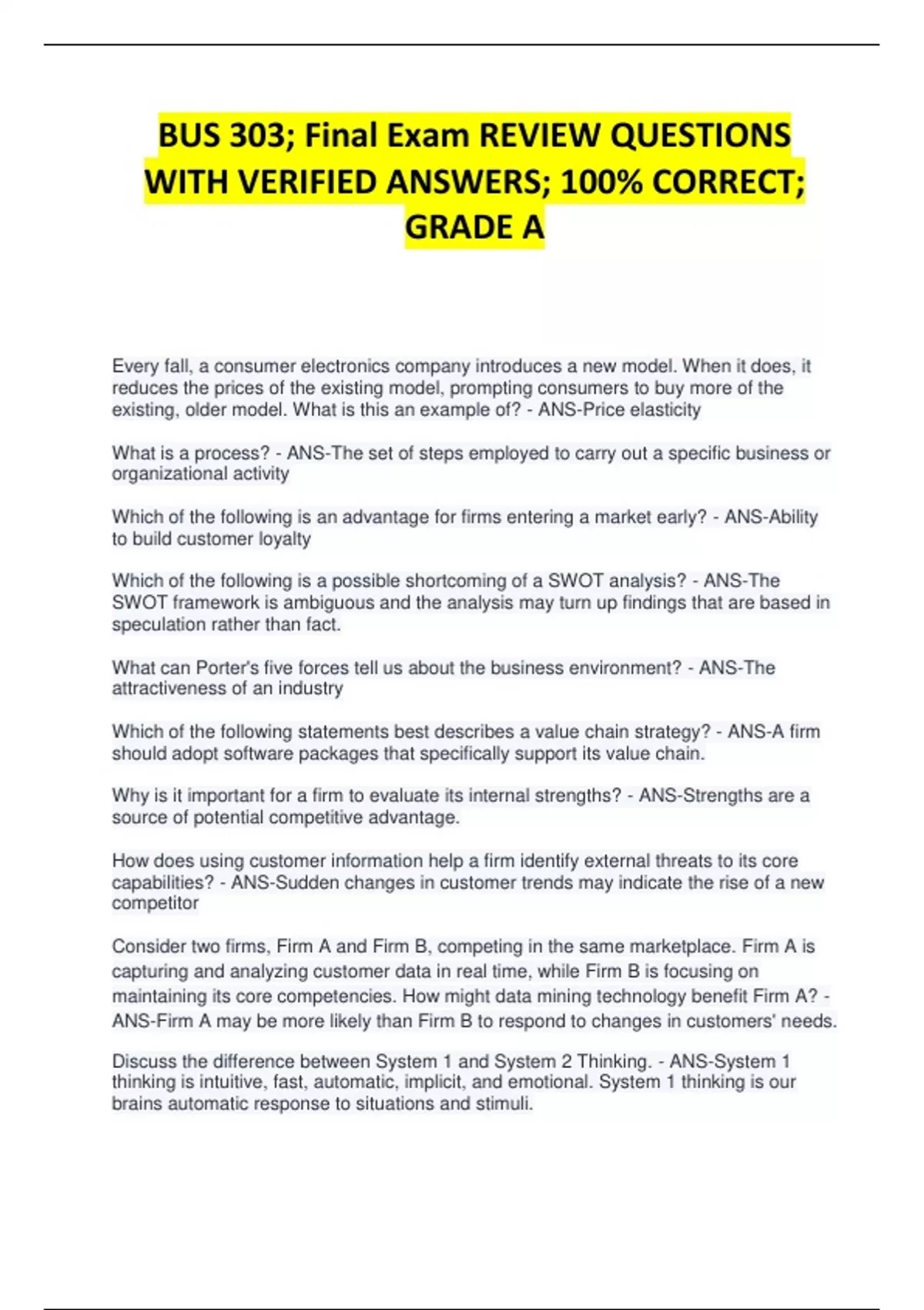 BUS 303; Final Exam REVIEW QUESTIONS WITH VERIFIED ANSWERS; 100% CORRECT; GRADE A - Bus 3o3 ...