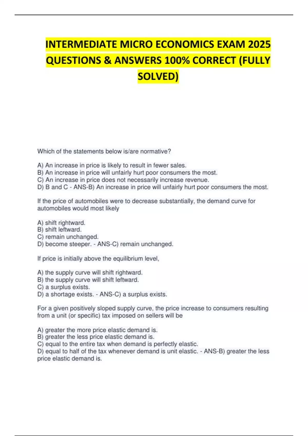 INTERMEDIATE MICRO ECONOMICS EXAM 2025 QUESTIONS & ANSWERS 100% CORRECT ...