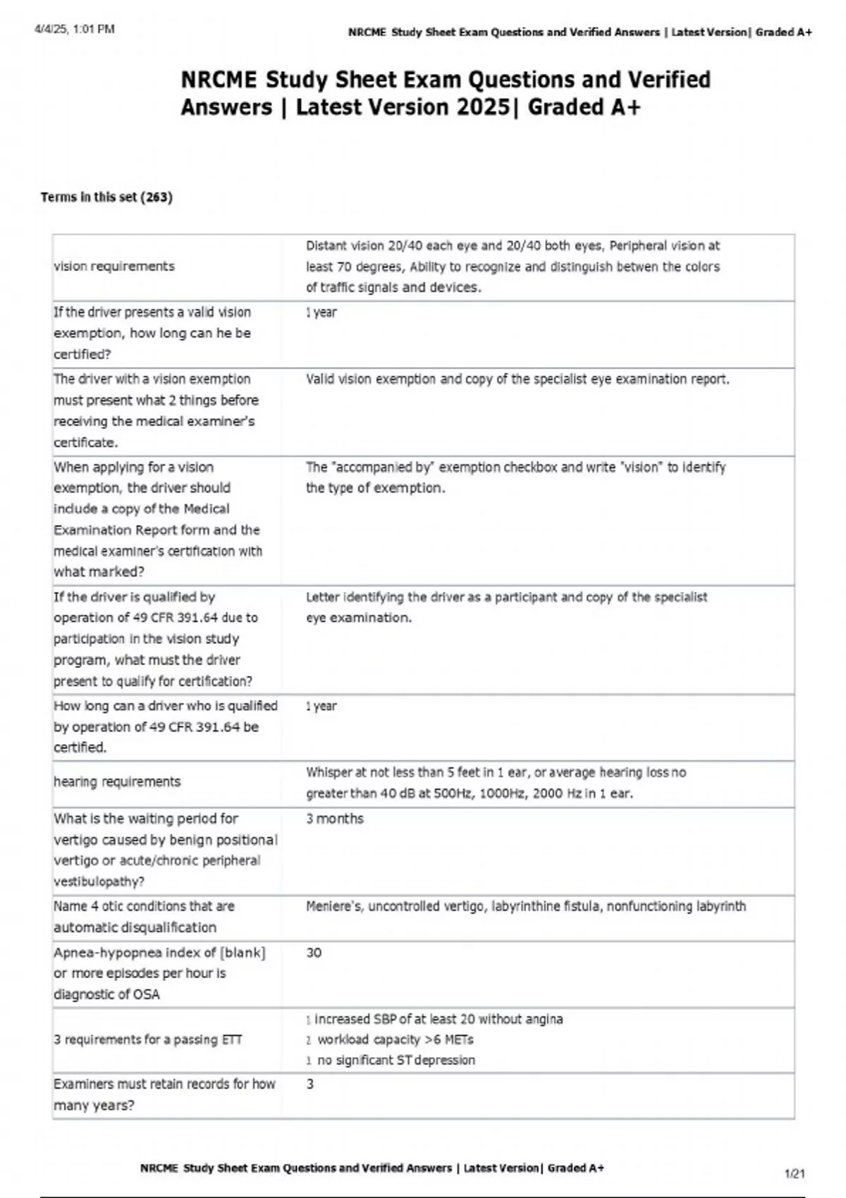 NRCME Study Sheet Exam Questions and Verified Answers | Latest Version ...
