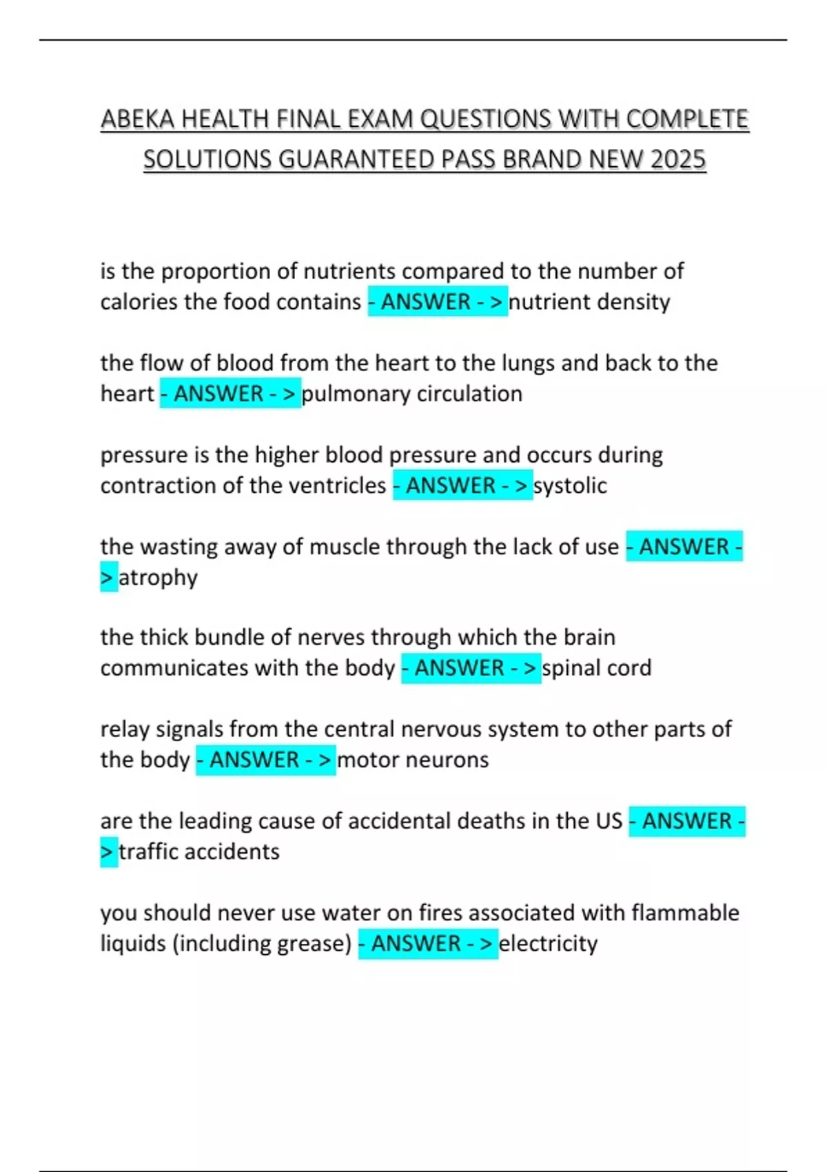 ABEKA HEALTH FINAL EXAM QUESTIONS WITH COMPLETE SOLUTIONS GUARANTEED PASS BRAND NEW 2025 ...