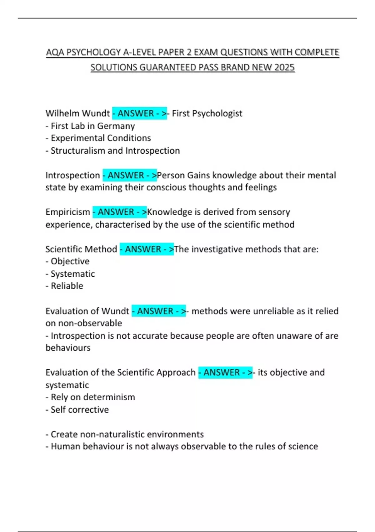 AQA PSYCHOLOGY A-LEVEL PAPER 2 EXAM QUESTIONS WITH COMPLETE SOLUTIONS ...