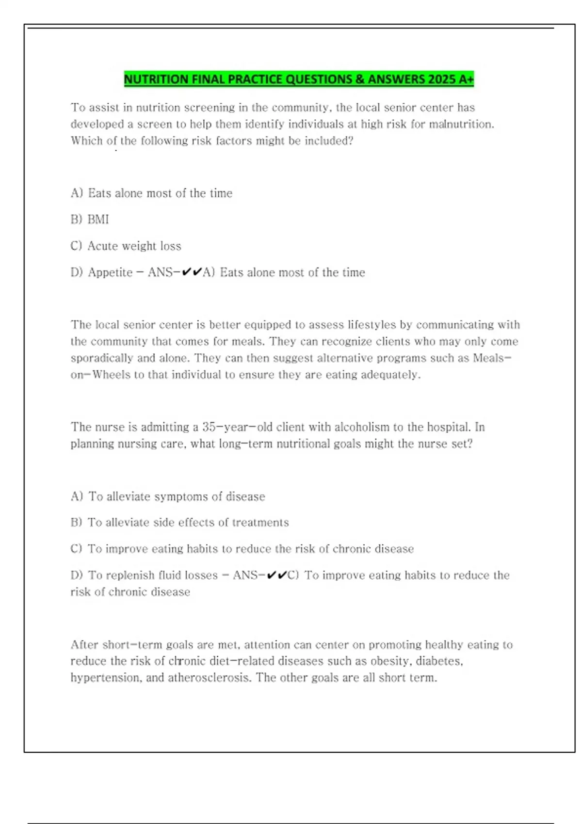 NUTRITION FINAL PRACTICE QUESTIONS & ANSWERS 2025 A+ - Nutrition ...