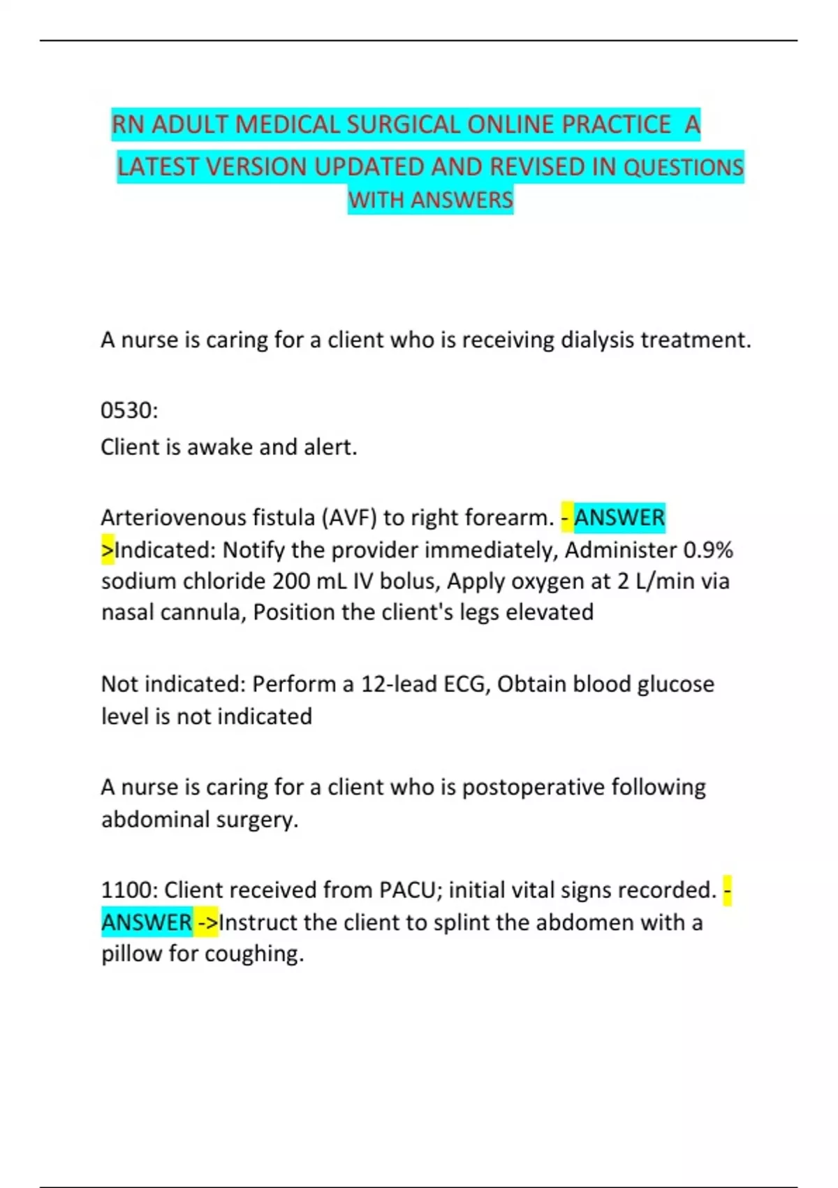 RN ADULT MEDICAL SURGICAL ONLINE PRACTICE A LATEST VERSION UPDATED AND ...