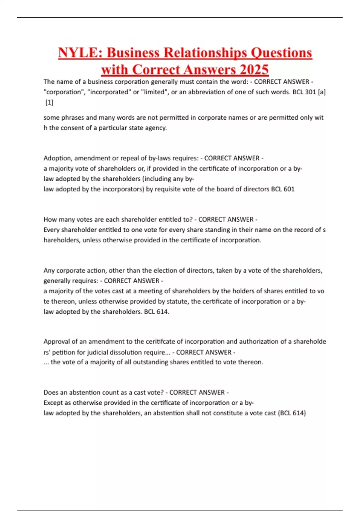 NYLE Business Relationships Questions with Correct Answers 2025 - NYLE ...