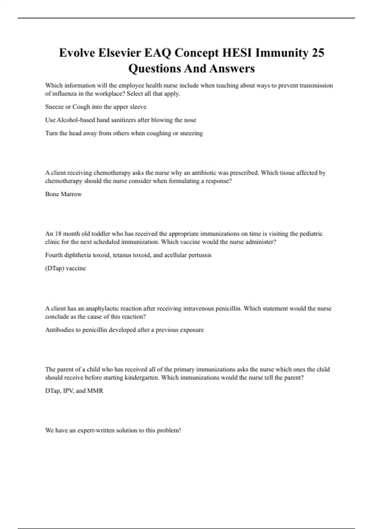 Evolve Elsevier EAQ Concept HESI Immunity 25 Questions And Answers ...