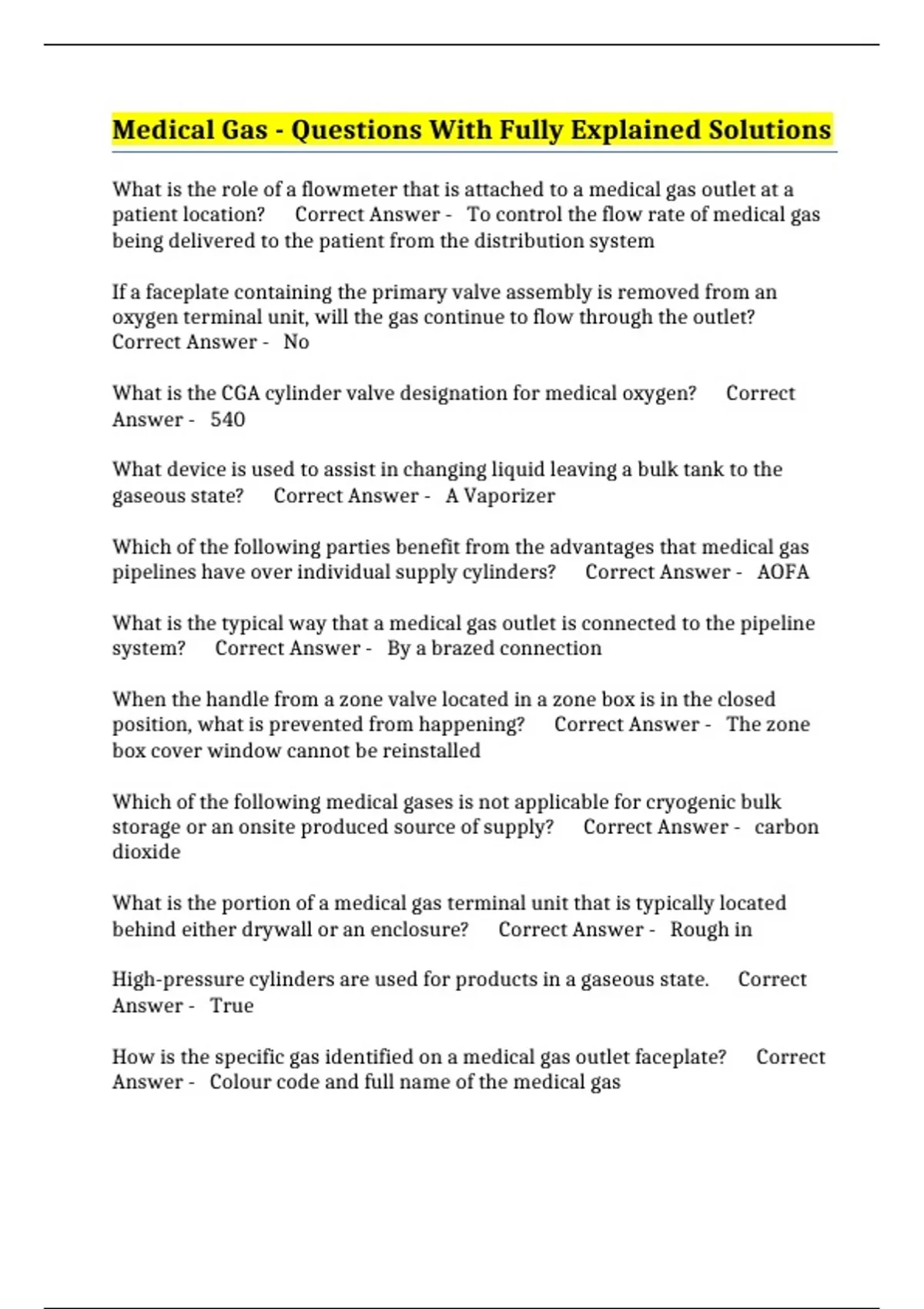 Medical Gas - Questions With Fully Explained Solutions - Medical Gas ...