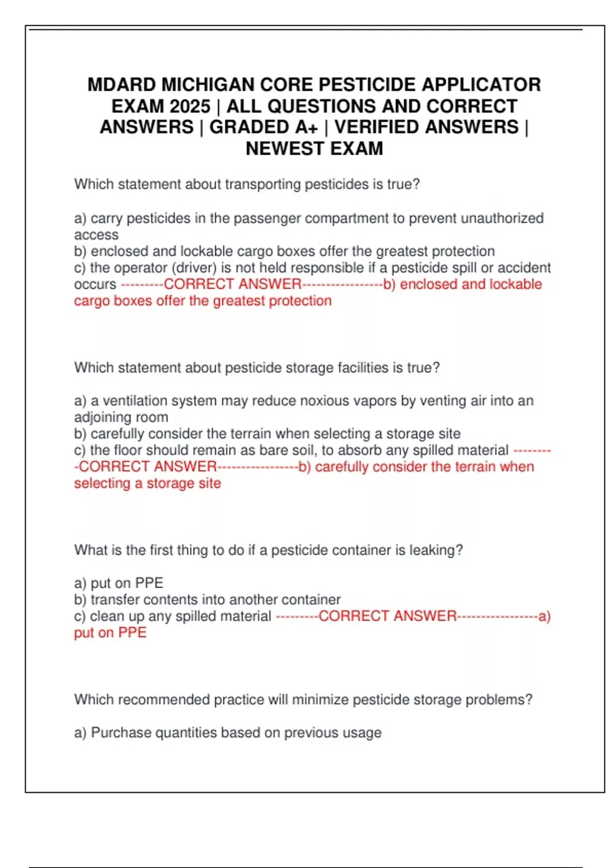 MDARD MICHIGAN CORE PESTICIDE APPLICATOR EXAM 2025 | ALL QUESTIONS AND ...