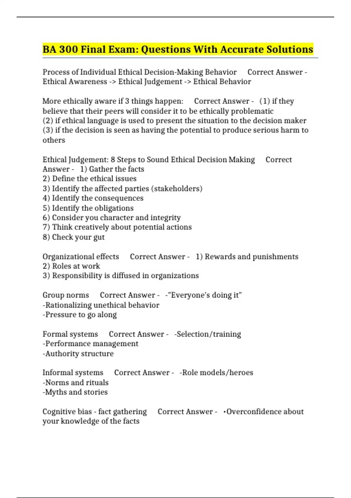 BA 300 Final Exam: Questions With Accurate Solutions - BA 300 - Stuvia US