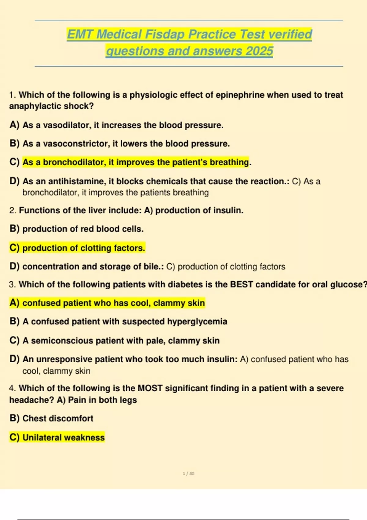 EMT Medical Fisdap Practice Test verified questions and answers 2025 ...