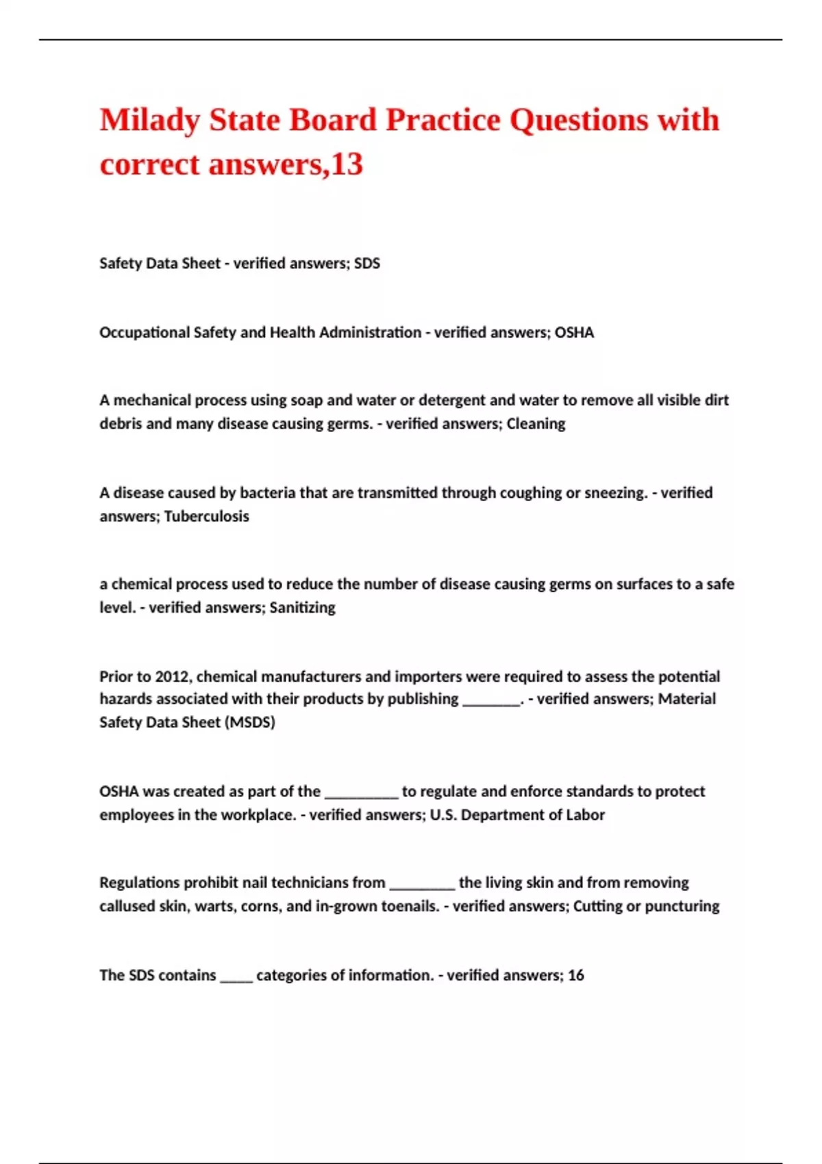 Milady State Board Practice Questions with correct answers, - Nail ...