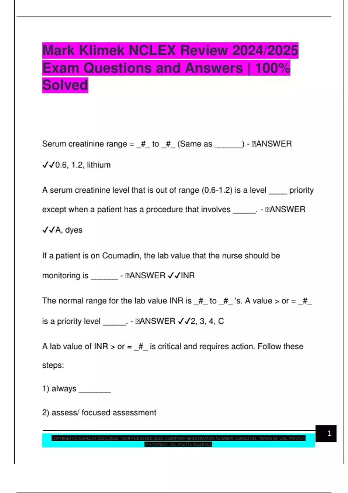 Mark Klimek NCLEX Review 2024/2025 Exam Questions and Answers | 100% ...