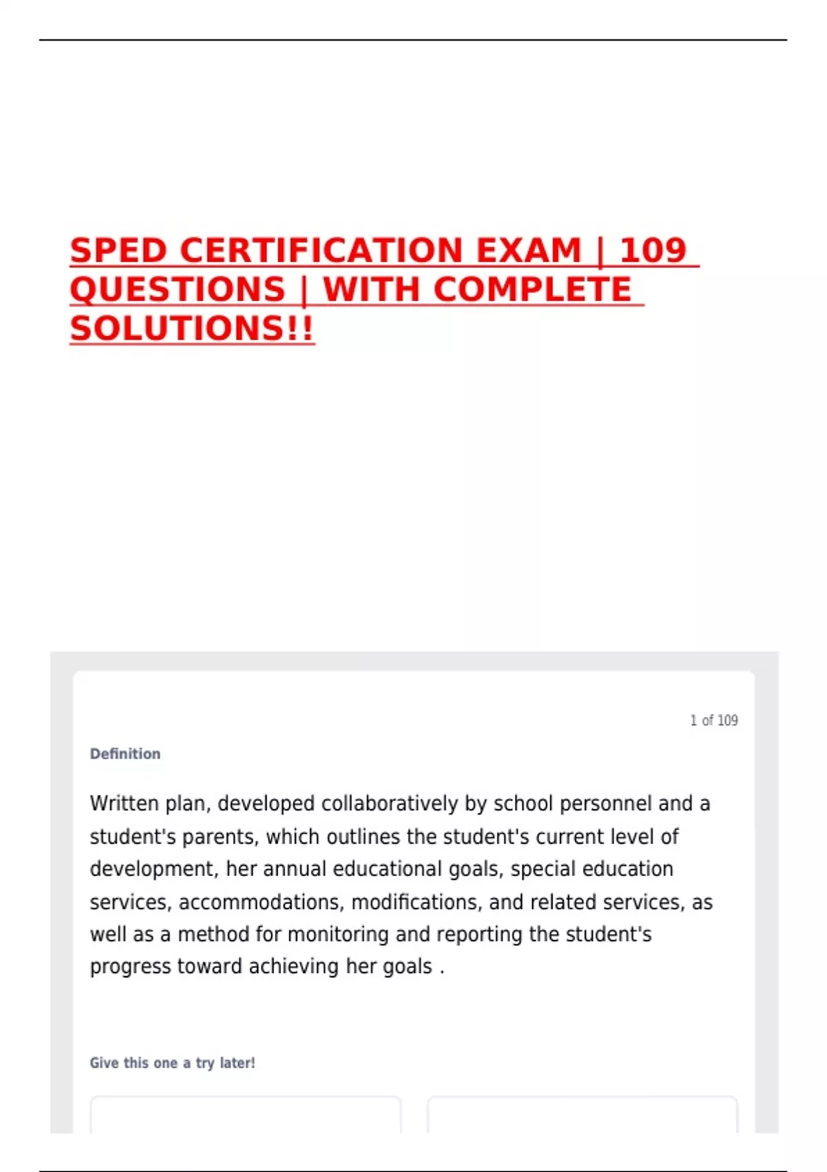 SPED CERTIFICATION EXAM | 109 QUESTIONS | WITH COMPLETE SOLUTIONS ...
