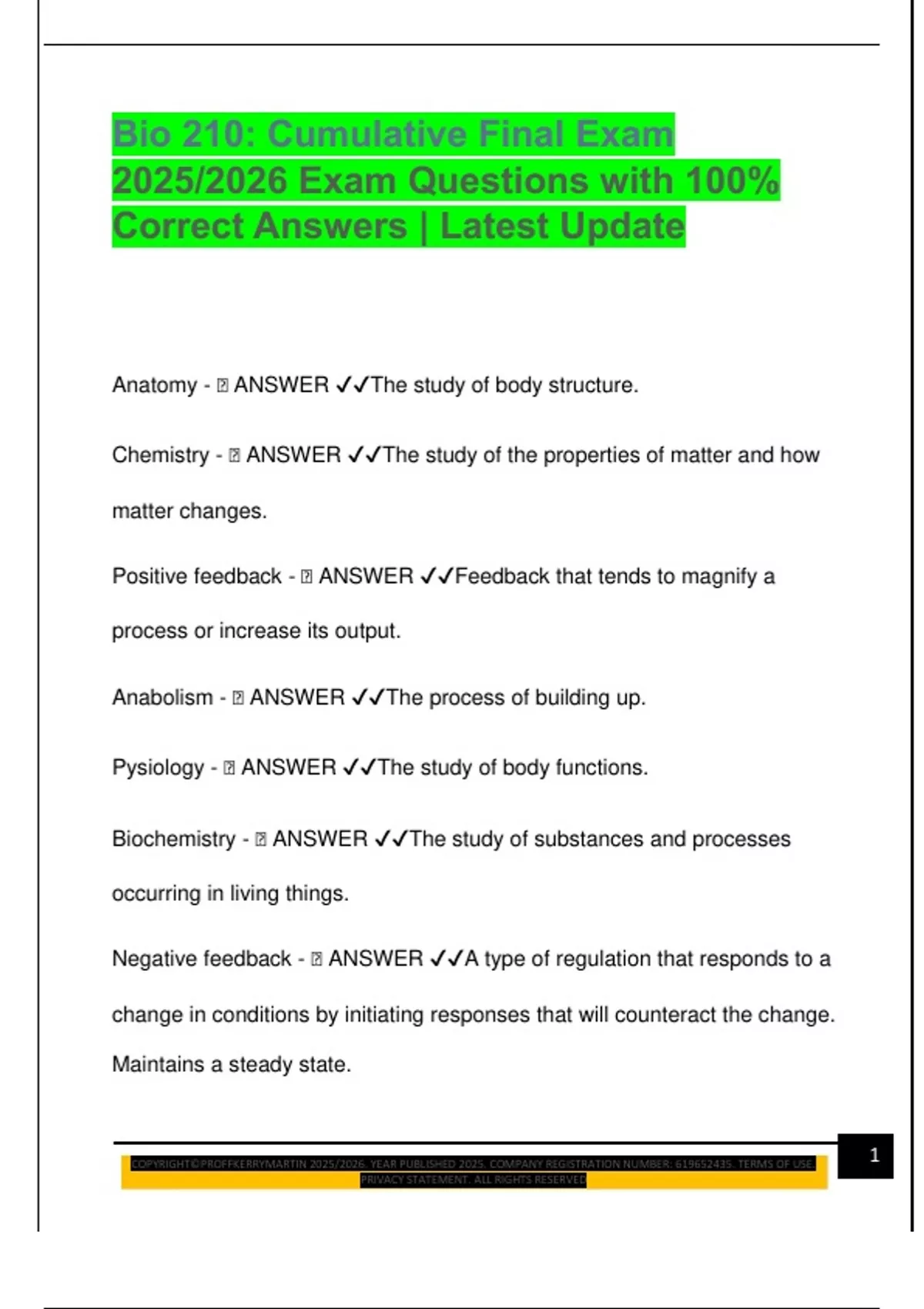Bio 210: Cumulative Final Exam 2025/2026 Exam Questions with 100% ...
