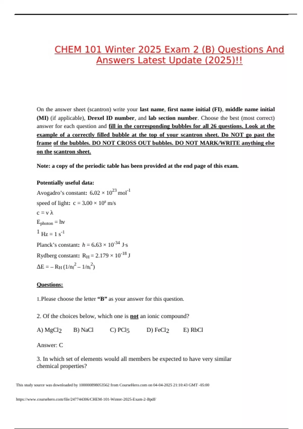 CHEM 101 Winter 2025 Exam 2 (B) Questions And Answers Latest Update ...