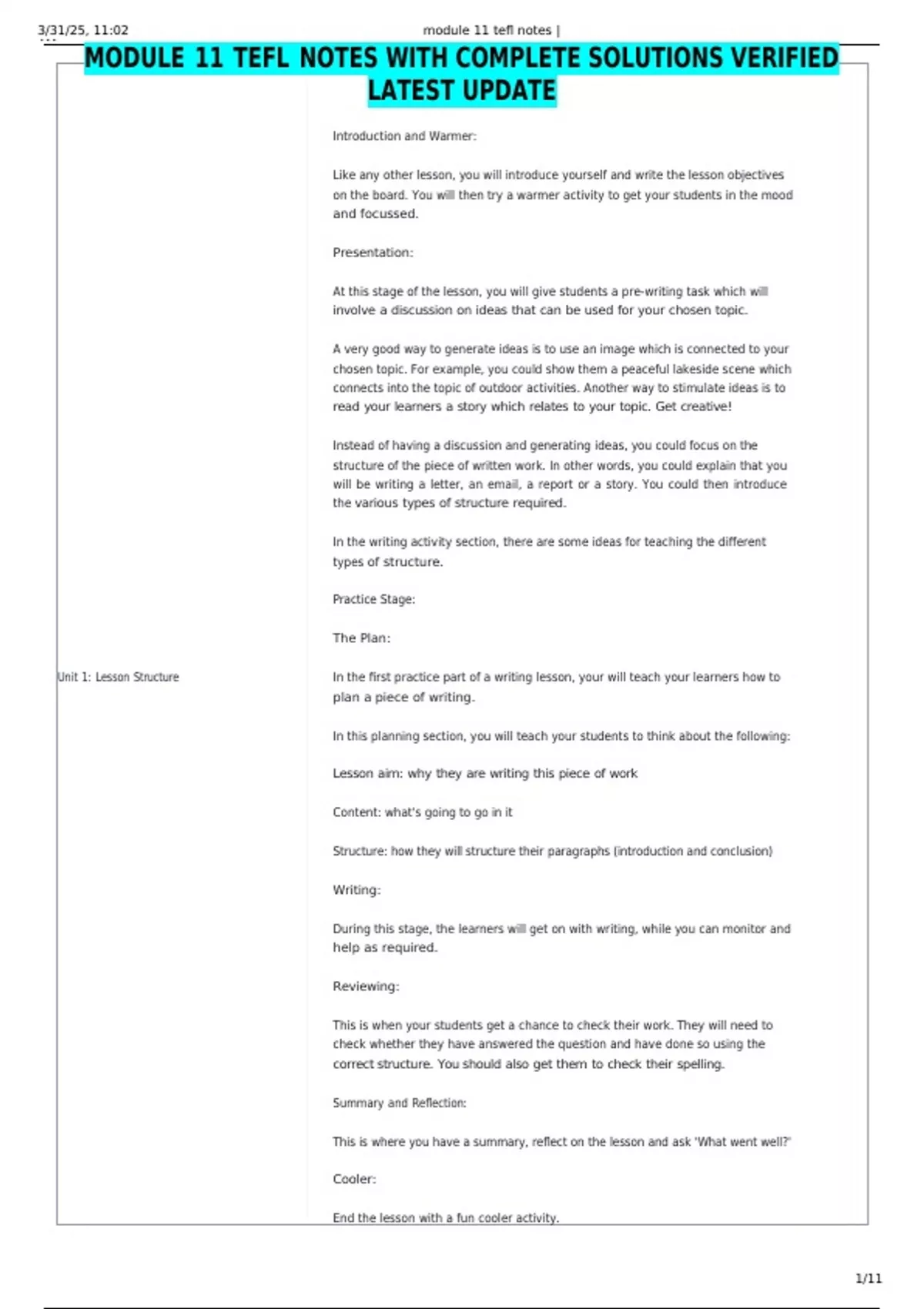 MODULE 11 TEFL NOTES WITH COMPLETE SOLUTIONS VERIFIED LATEST UPDATE ...