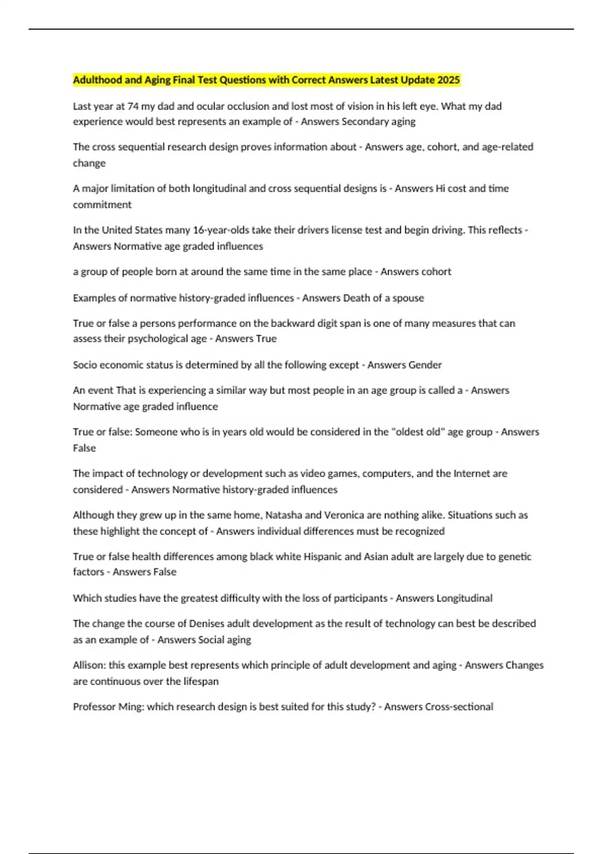 Adulthood and Aging Final Test Questions with Correct Answers Latest ...