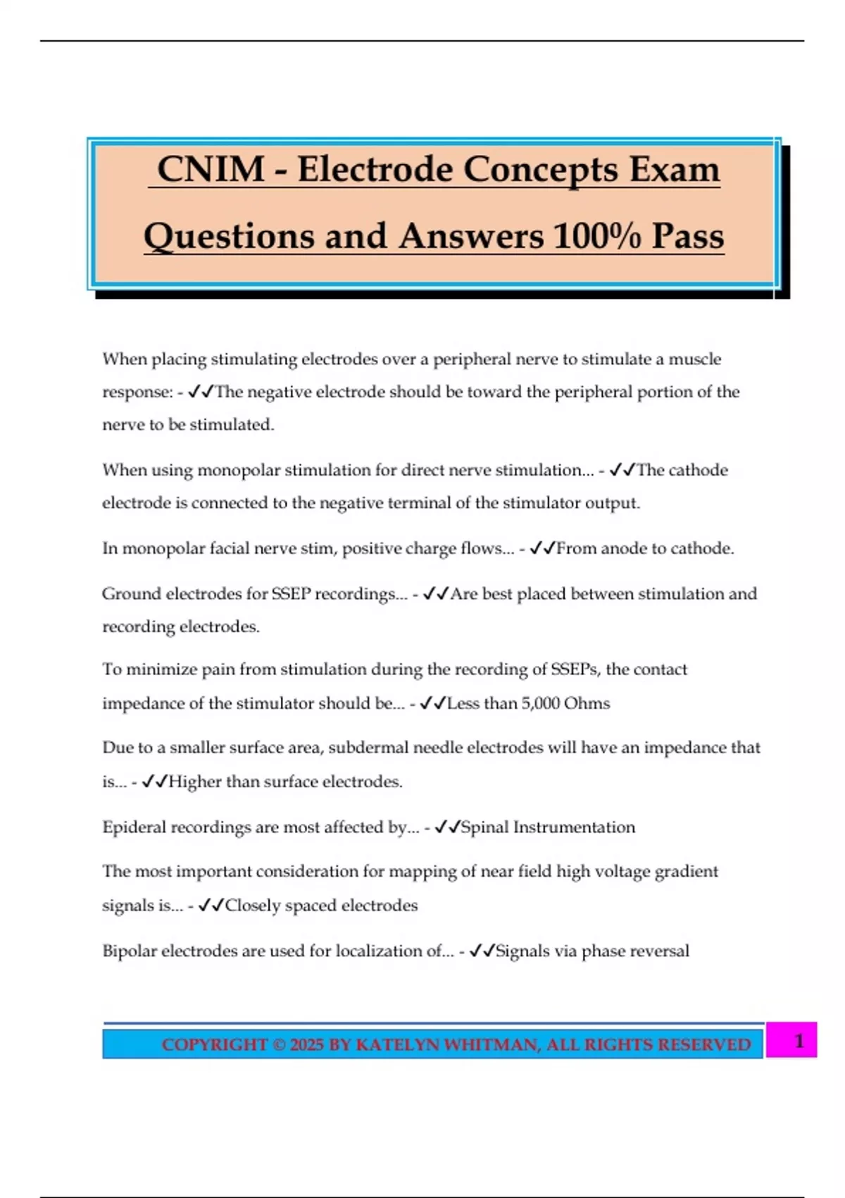 CNIM - Electrode Concepts Exam Questions and Answers 100% Pass - Cnim ...
