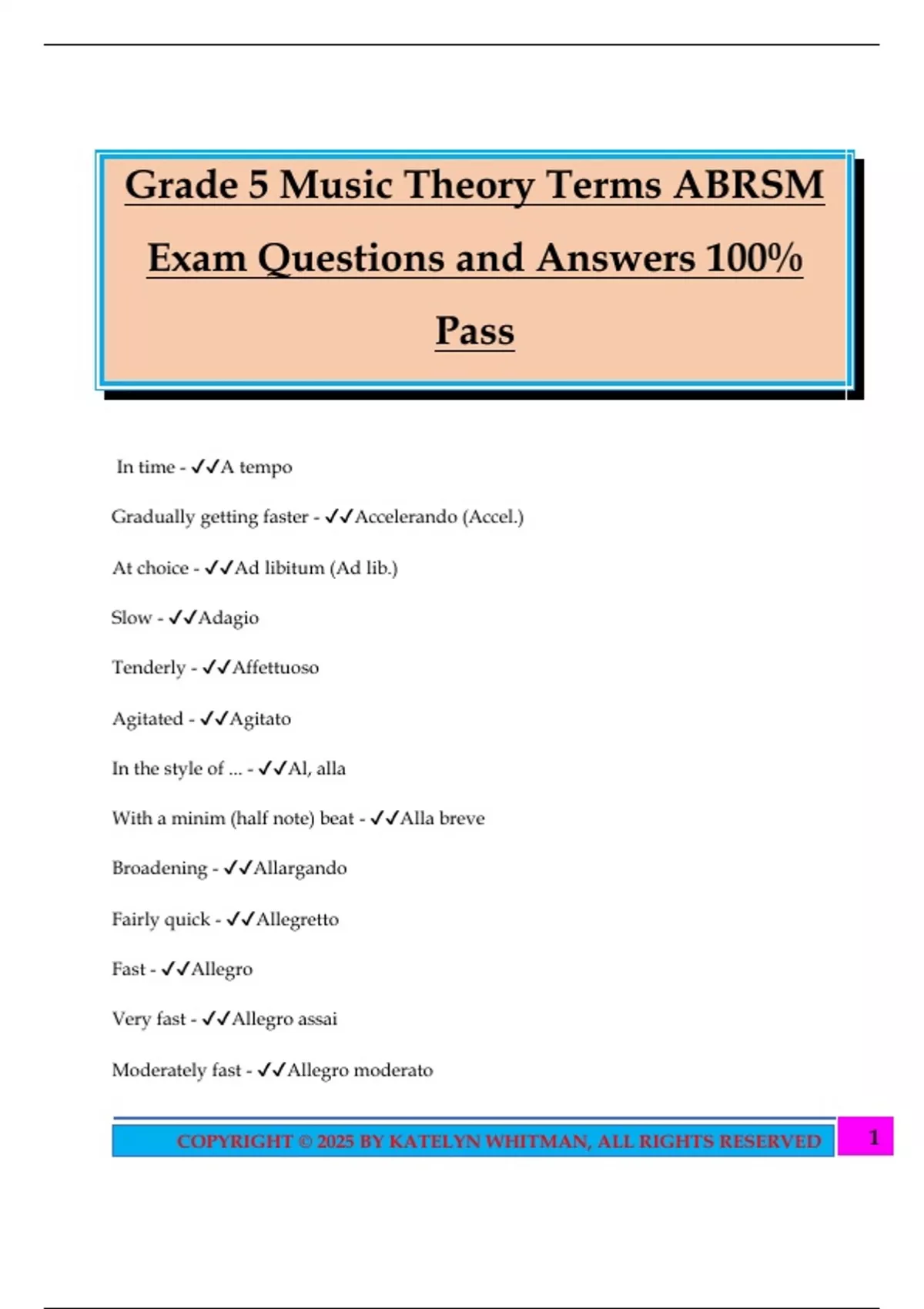 Grade 5 Music Theory Terms ABRSM Exam Questions and Answers 100% Pass ...