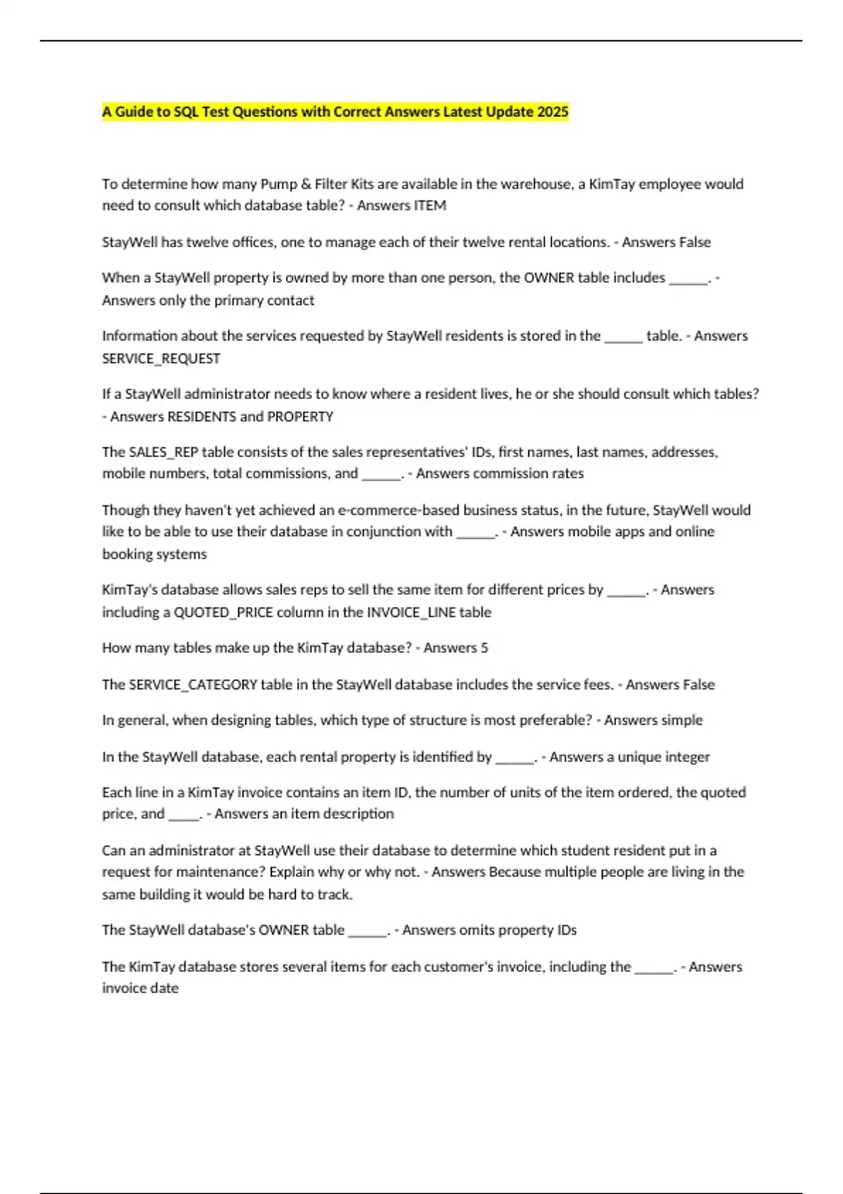 A Guide to SQL Test Questions with Correct Answers Latest Update 2025 ...