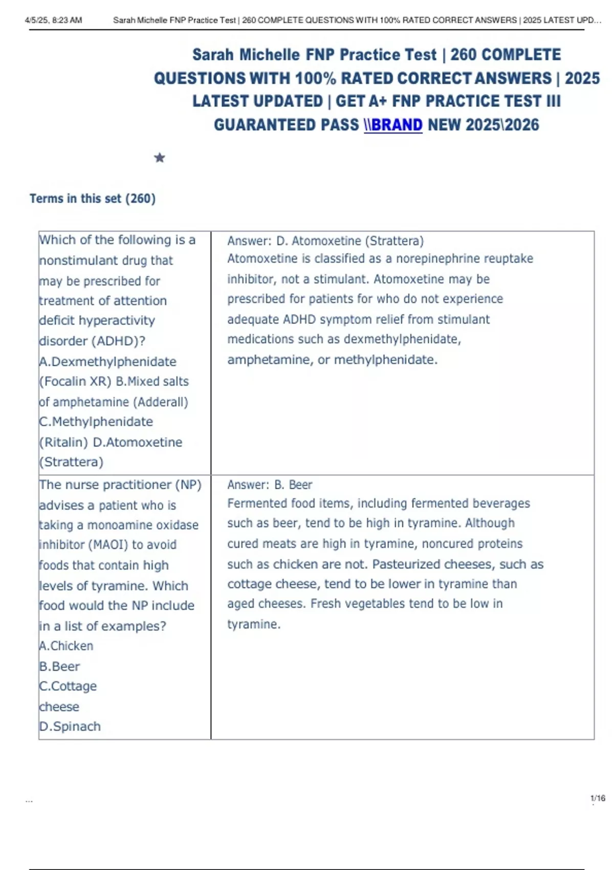 Sarah Michelle FNP Practice Test | COMPLETE QUESTIONS WITH 100% RATED ...