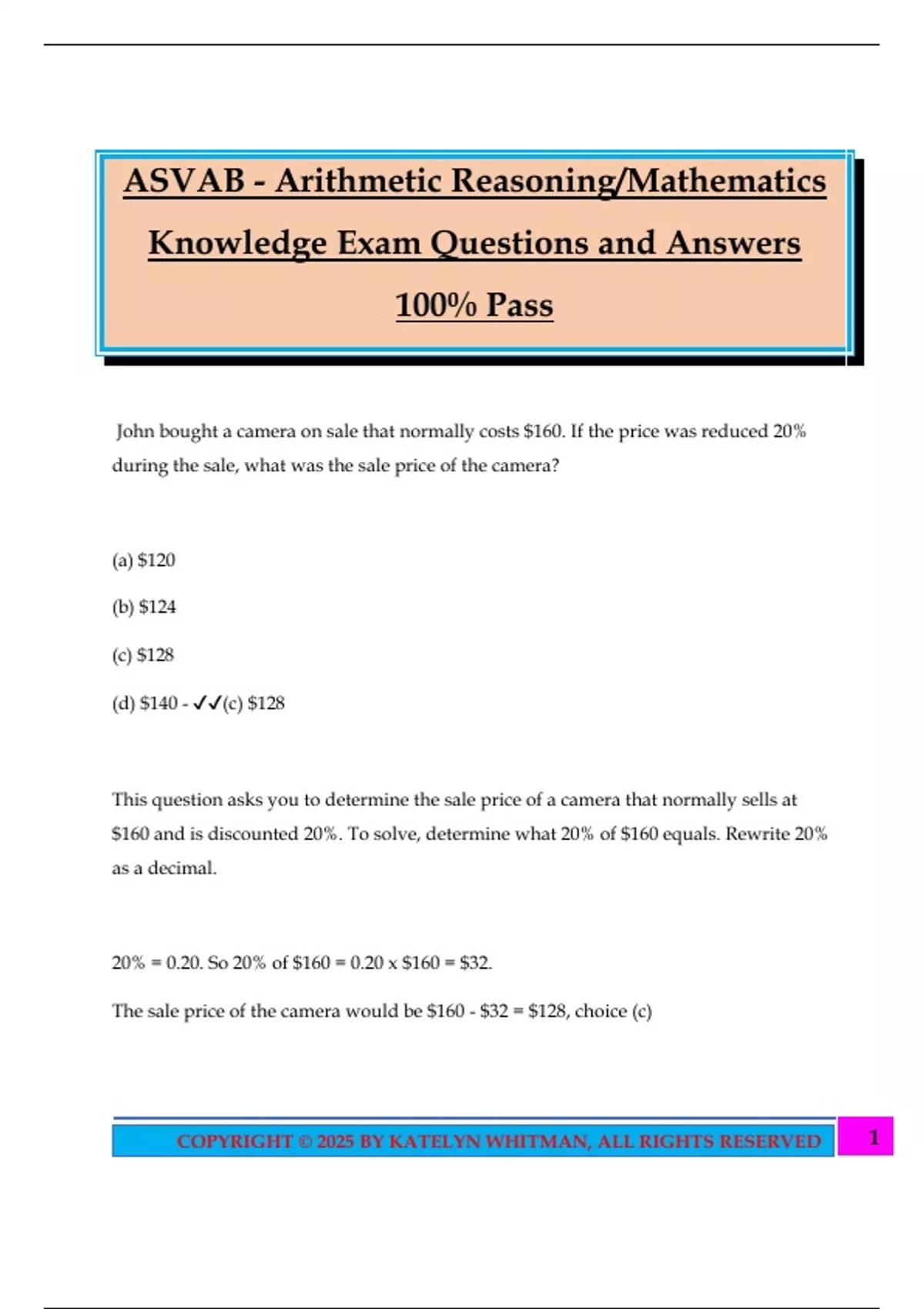 ASVAB - Arithmetic Reasoning/Mathematics Knowledge Exam Questions and ...