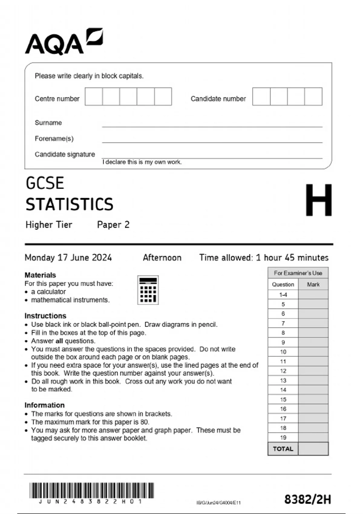 PACKAGE-::2024 AQA GCSE STATISTICS Higher Tier Paper 1 & 2|QUESTION ...