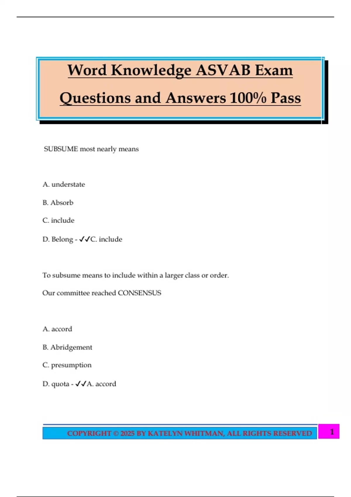 Word Knowledge ASVAB Exam Questions and Answers 100% Pass - ASVAB ...