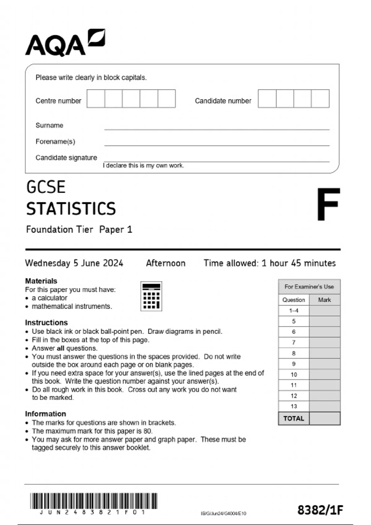 2024 AQA GCSE STATISTICS Foundation Tier Paper 1 QUESTION PAPER WITH ...