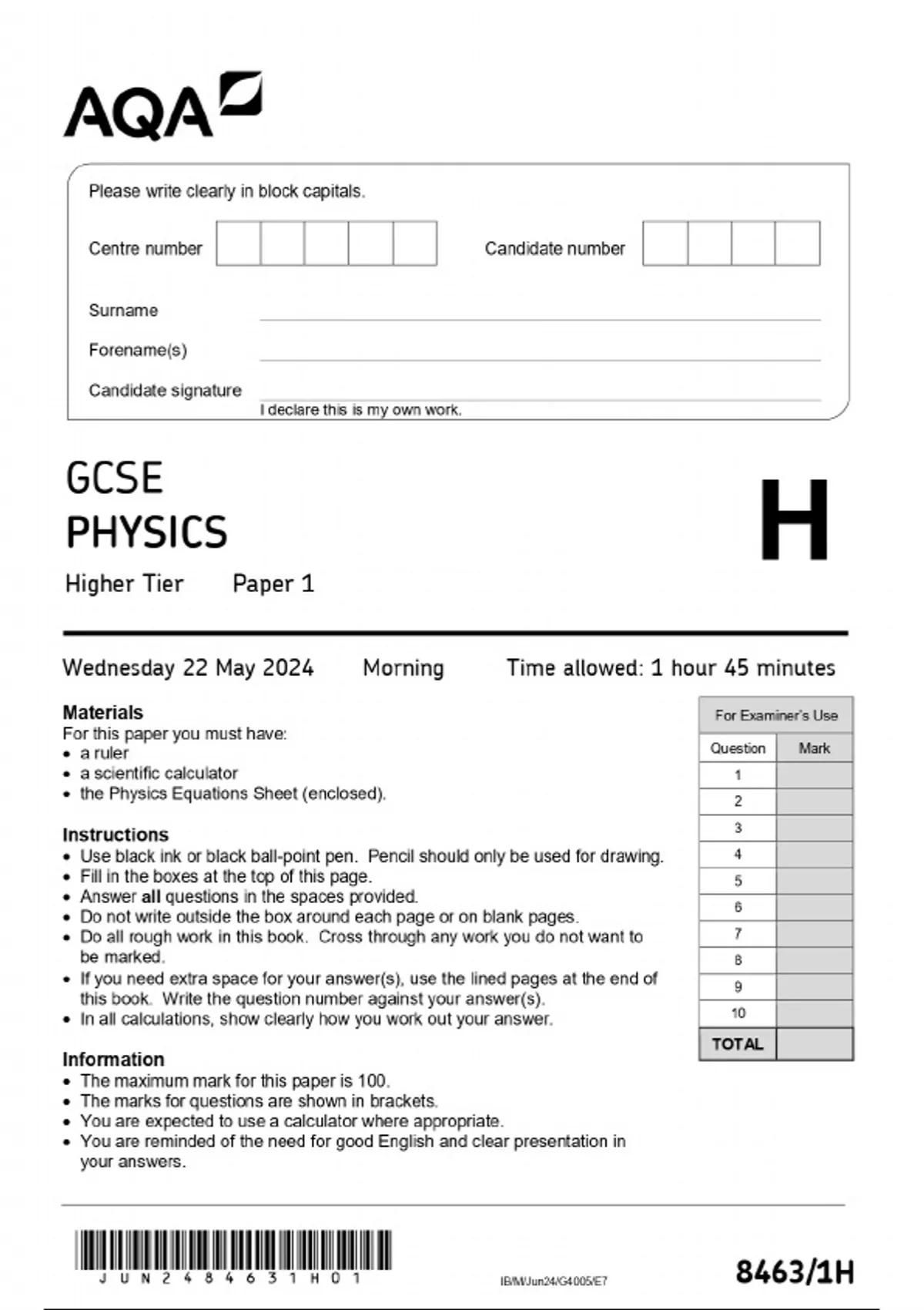 2024 AQA GCSE PHYSICS Higher Tier Paper 1 QUESTION PAPER WITH FINAL ...