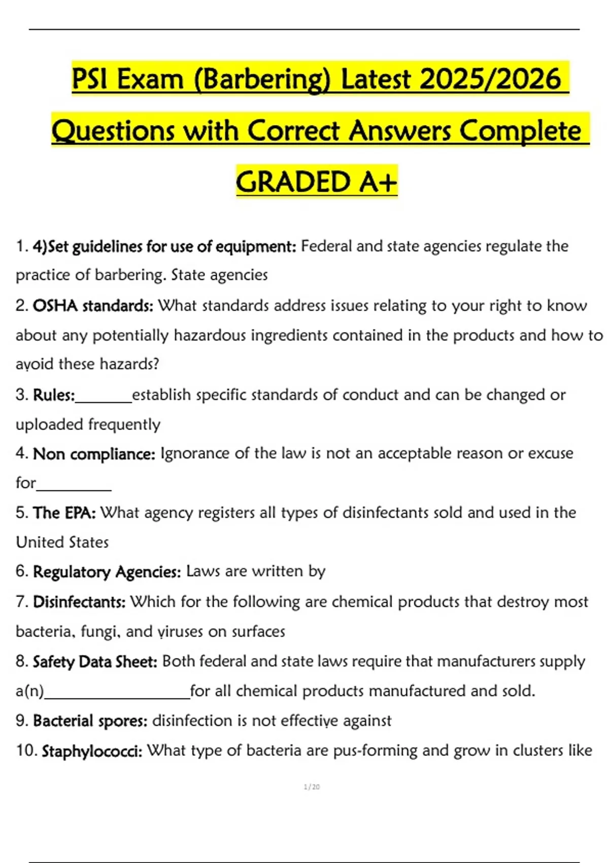 PSI Exam (Barbering) Latest 2025/2026 Questions with Correct Answers ...