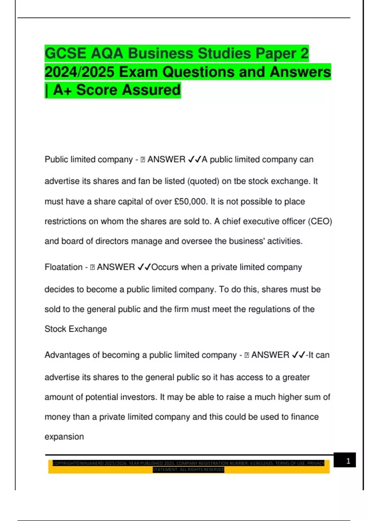 GCSE AQA Business Studies Paper 2 2024/2025 Exam Questions and Answers ...