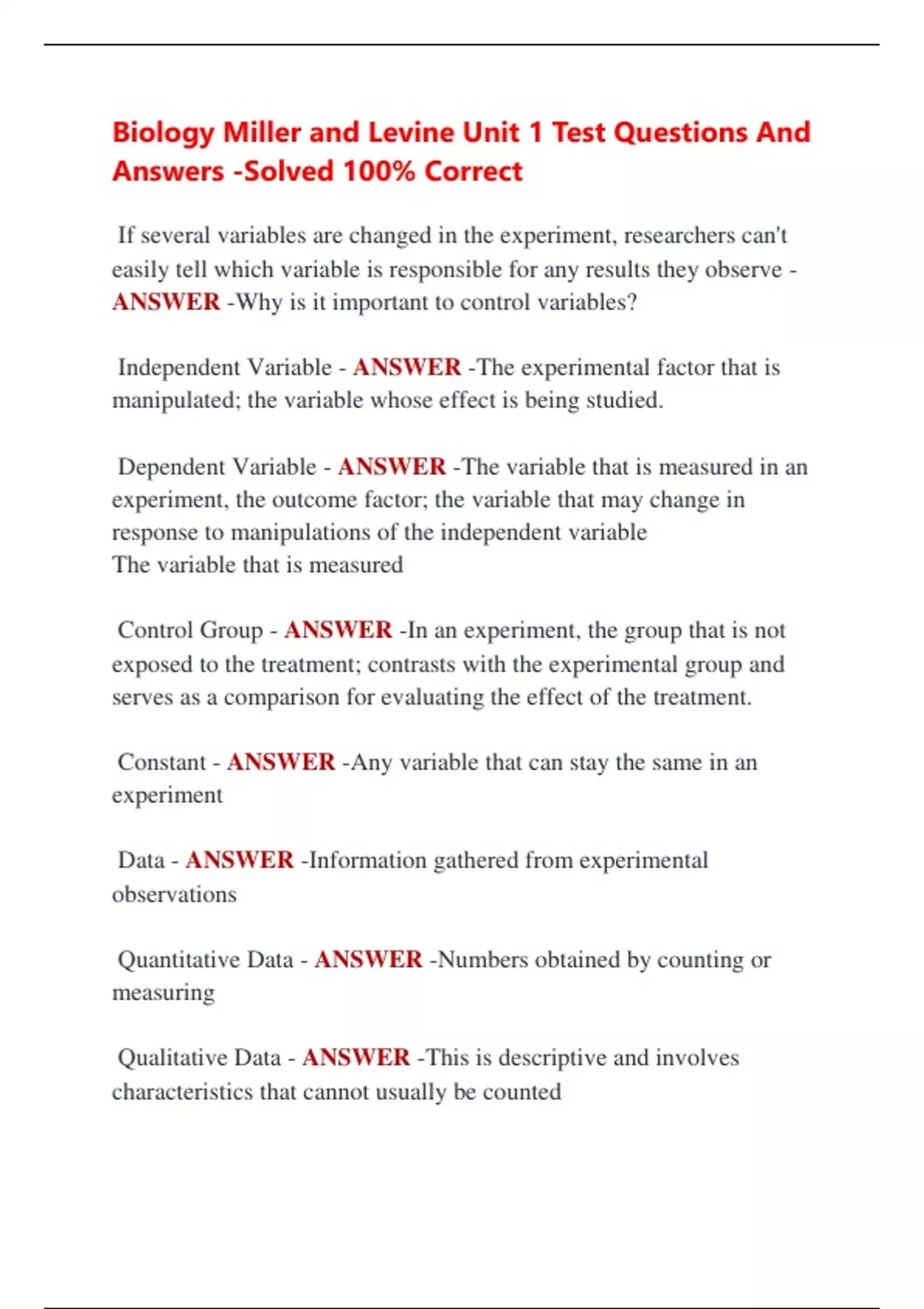 Biology Miller and Levine Unit 1 Test Questions And Answers -Solved 100 ...