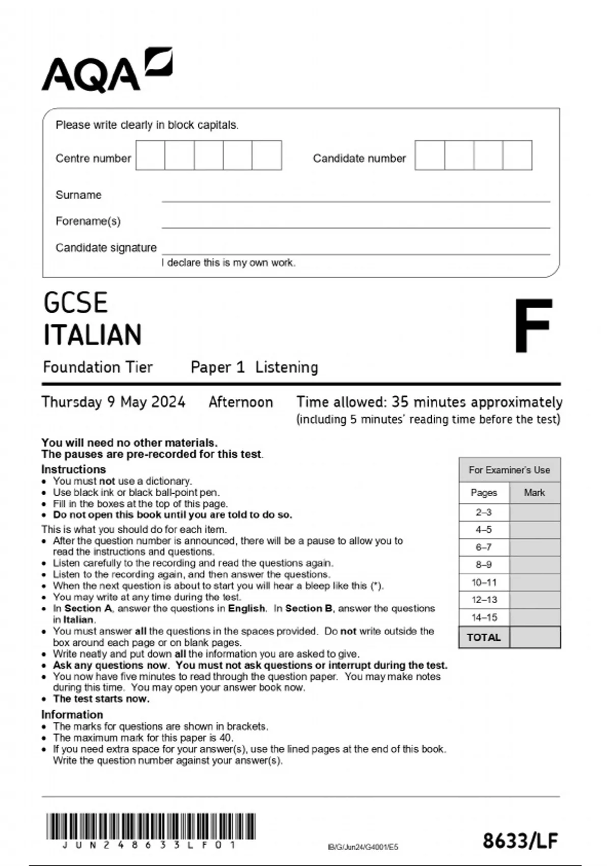2024 AQA GCSE ITALIAN Foundation Tier Paper 1 Listening QUESTION PAPER ...