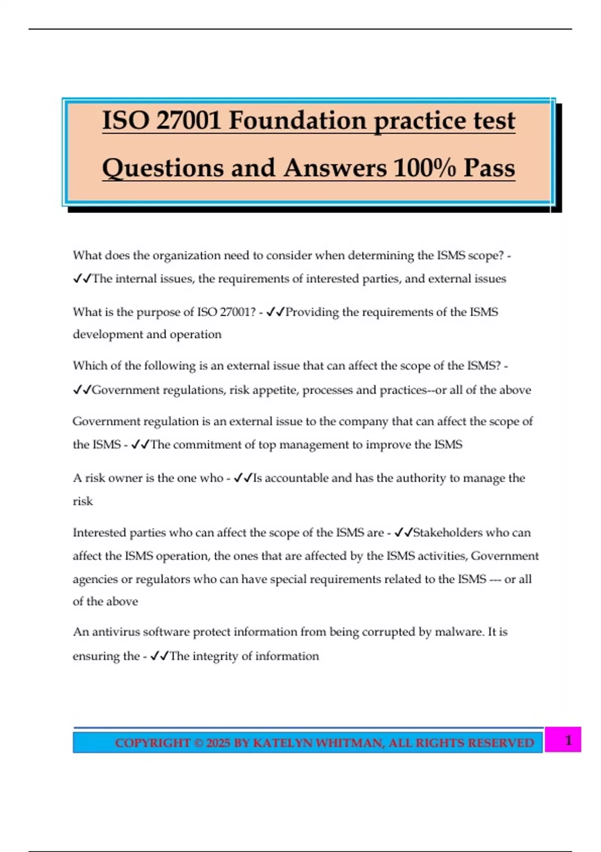 ISO 27001 Foundation practice test Questions and Answers 100% Pass ...