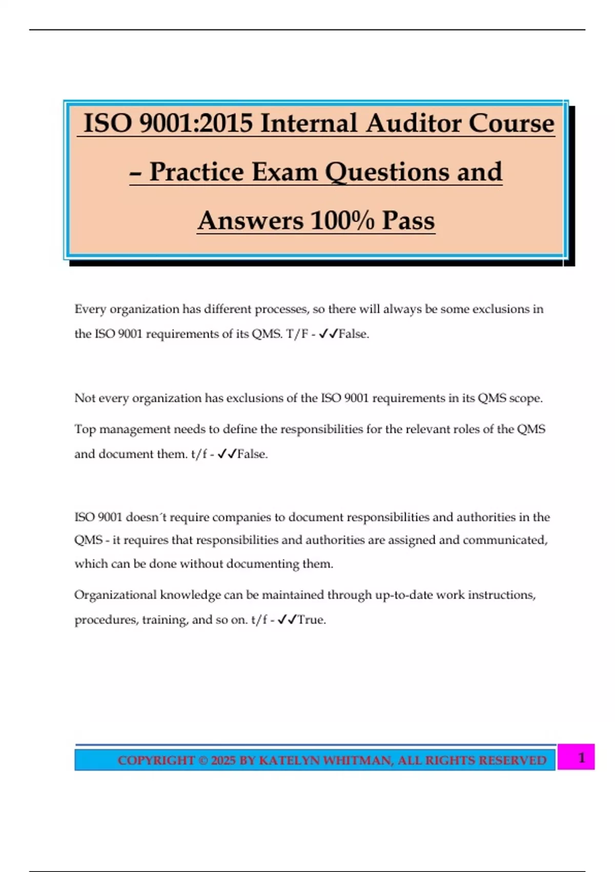ISO 9001:2015 Internal Auditor Course – Practice Exam Questions and ...
