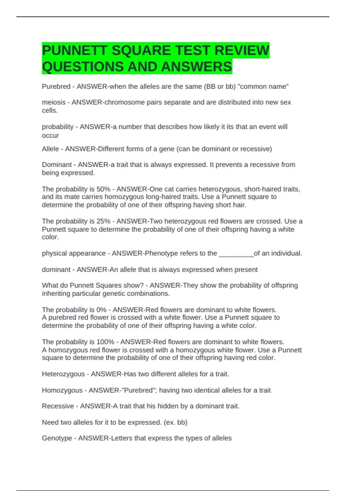 PUNNETT SQUARE TEST REVIEW QUESTIONS AND ANSWERS - Punnett Squares ...