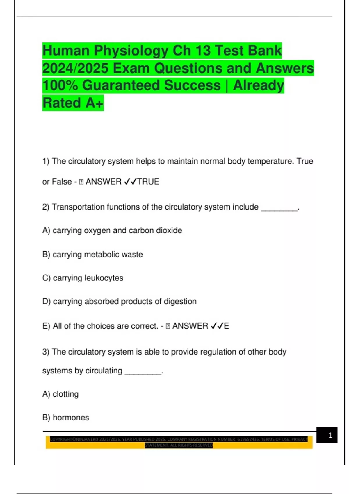 Human Physiology Ch 13 Test Bank 2024/2025 Exam Questions and Answers ...
