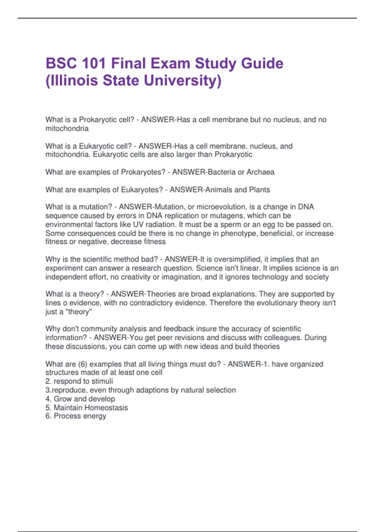 BSC 101 Final Exam Study Guide (Illinois State University) Questions ...