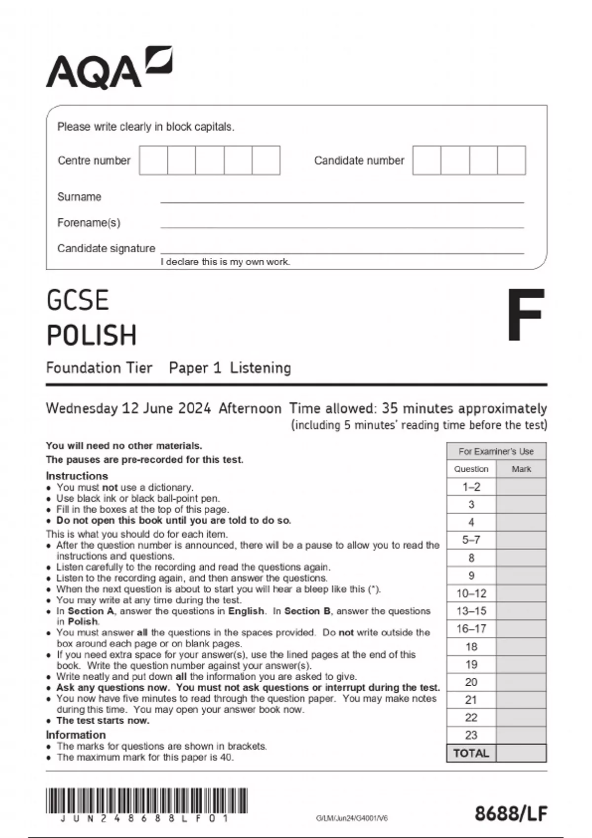 2024 AQA GCSE POLISH Foundation Tier Paper 1 Listening QUESTION PAPER ...